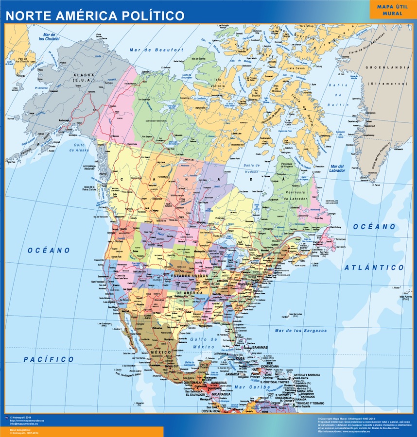 Mapa Norte America plastificado | Mapas murales México, USA y Canada de ...